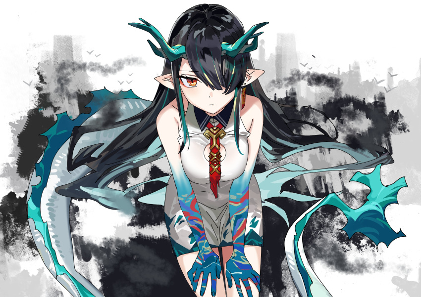Safebooru - 1girl absurdres arknights black hair dragon girl dragon horns dragon tail dusk ...