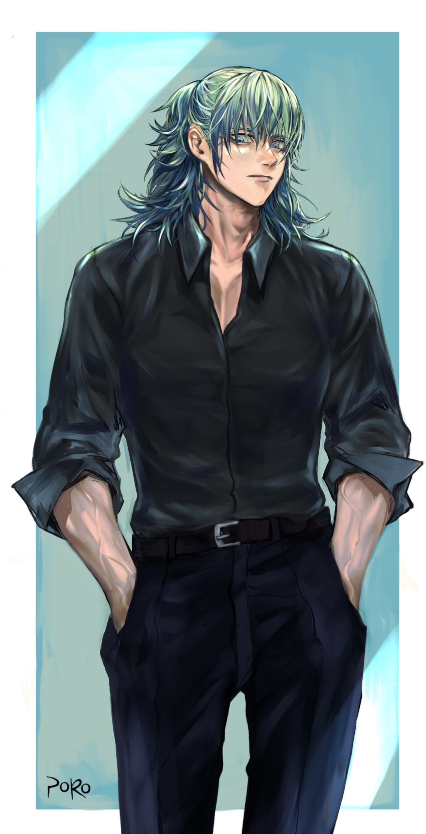Safebooru - 1boy aqua eyes aqua hair black shirt collared shirt formal highres jujutsu kaisen ...
