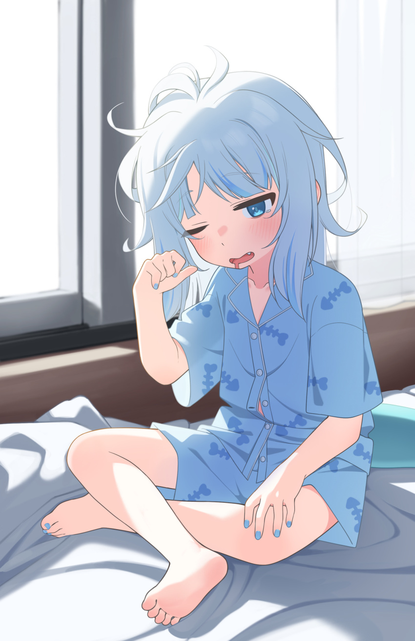 Safebooru - 1girl absurdres barefoot blue eyes blue nails blue pajamas blush crossed legs fang ...