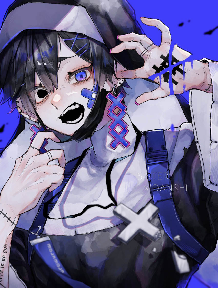 Safebooru - 1boy bad link black eyes black hair blue background blue eyes fang highres jacket ...