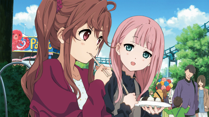 Safebooru - 22/7 22/7 ongaku no jikan amusement park balloon black shirt brown eyes brown hair ...