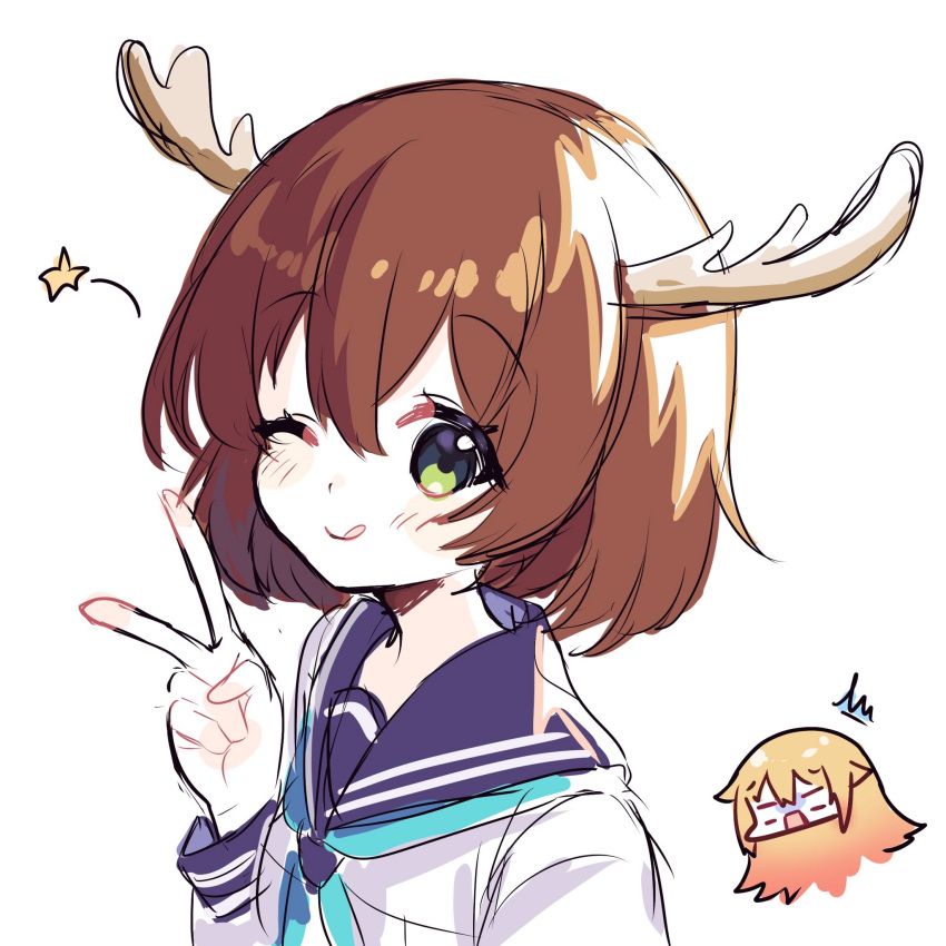 Safebooru - 2girls ^^^ antlers blonde hair blue neckerchief blue sailor collar brown hair ...