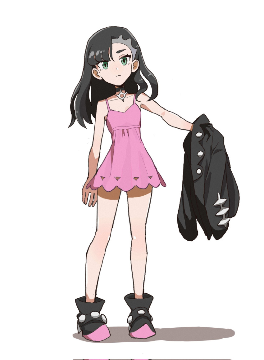 Safebooru - 1girl asymmetrical bangs baeming black choker black footwear black hair black jacket ...