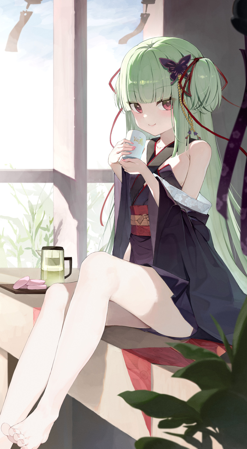 Safebooru - 1girl absurdres armpit crease backlighting bare shoulders barefoot black kimono ...