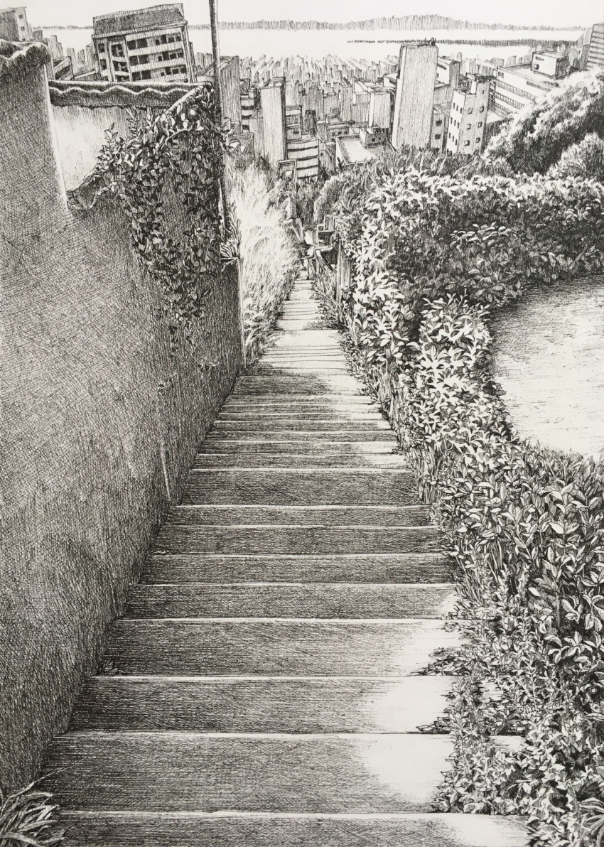 Safebooru - apartment city cityscape day graphite (medium) greyscale ...