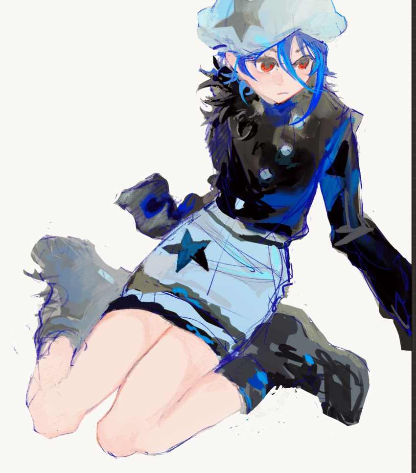 Safebooru - 1girl black footwear black shirt blue hair blue hat blue skirt check copyright ...