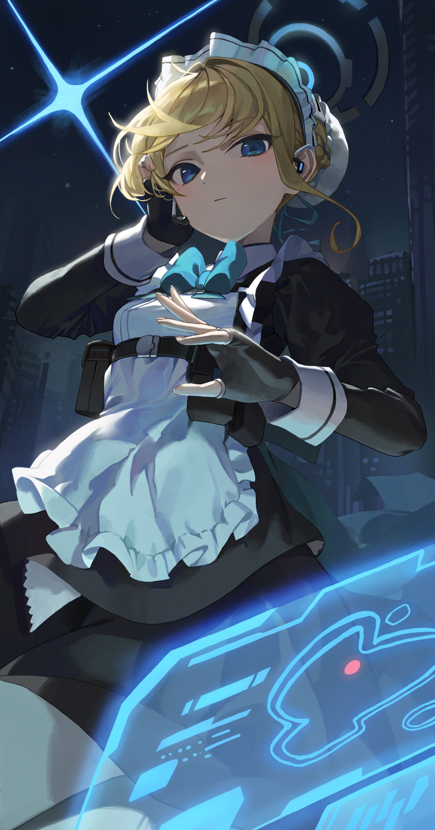 Safebooru - 1girl absurdres apron aqua bow aqua bowtie belt black dress black gloves blonde hair ...