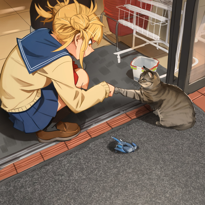 Safebooru - 1girl 1other absurdres animal bird black sailor collar black skirt black socks ...