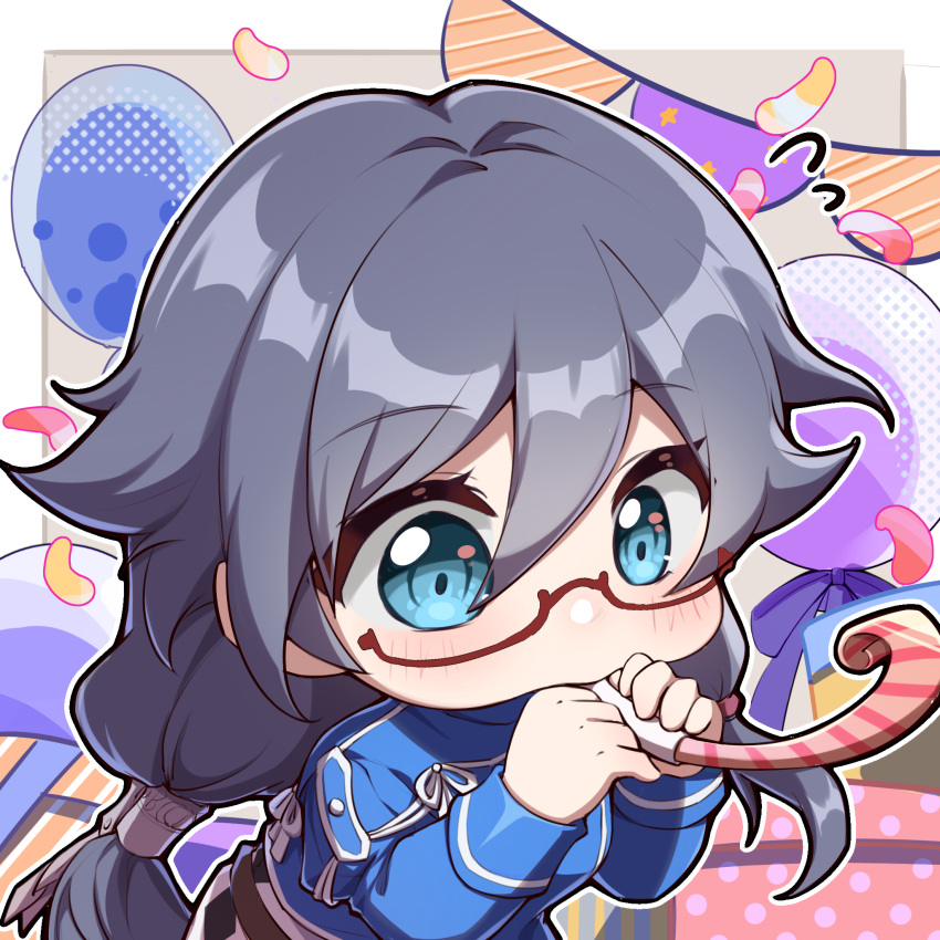 Safebooru - 1girl balloon blowing blue eyes blue shirt box chibi fu hua ...