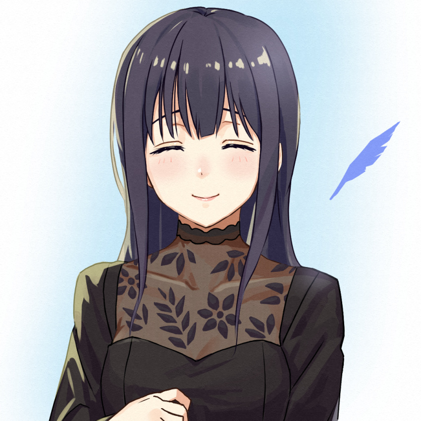 Safebooru - 1girl black dress black hair blue feathers breasts closed eyes dress feathers happy ...