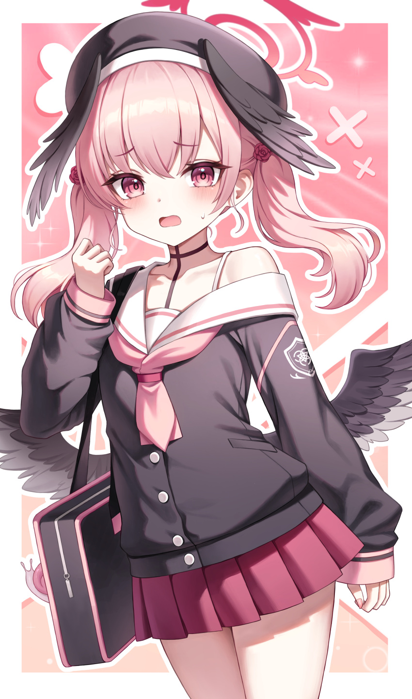 Safebooru - 1girl absurdres bag beret black hat black shirt black wings blue archive blush ...