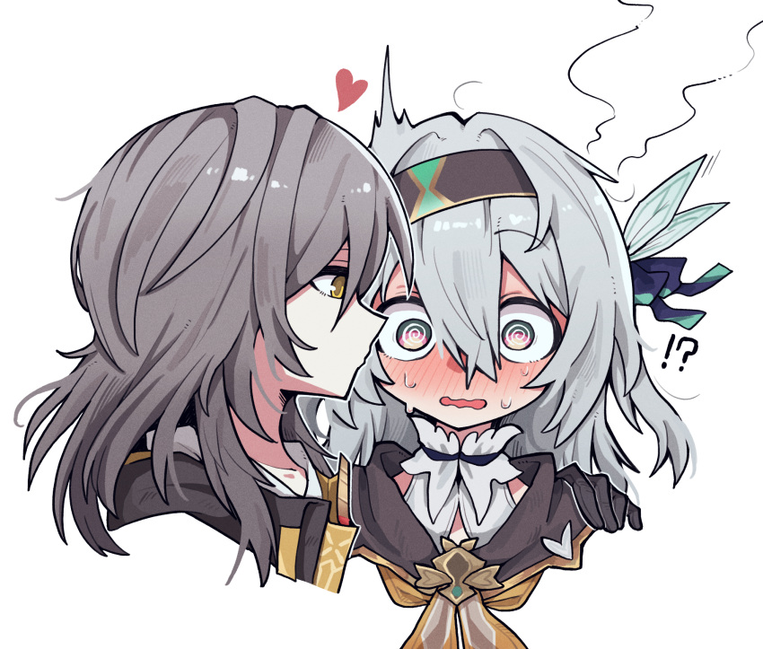 Safebooru - !? 2girls @ @ arm around shoulder black gloves black jacket blush brown cape brown ...