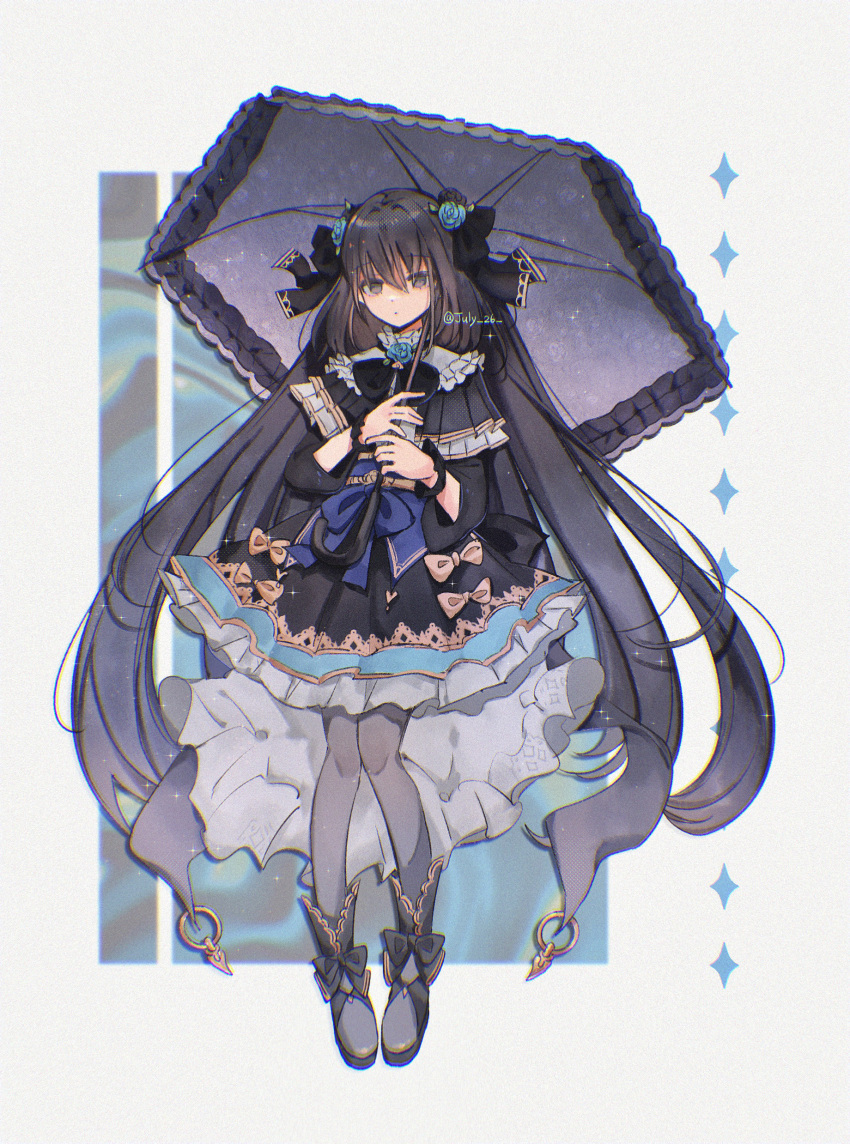 Safebooru - 1girl absurdres arcaea arm cutout black bow black dress black eyes black footwear ...