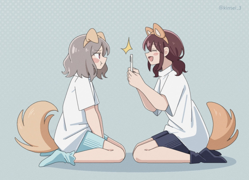 Safebooru - 2girls :t animal ear hairband animal ears black shorts black socks blue shorts blue ...