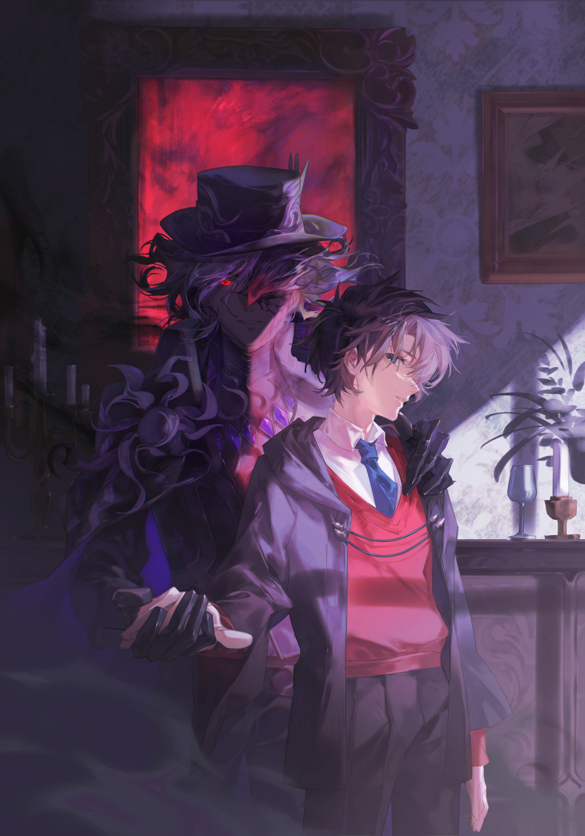 Safebooru - 2boys absurdres belt black gloves black hair black jacket ...