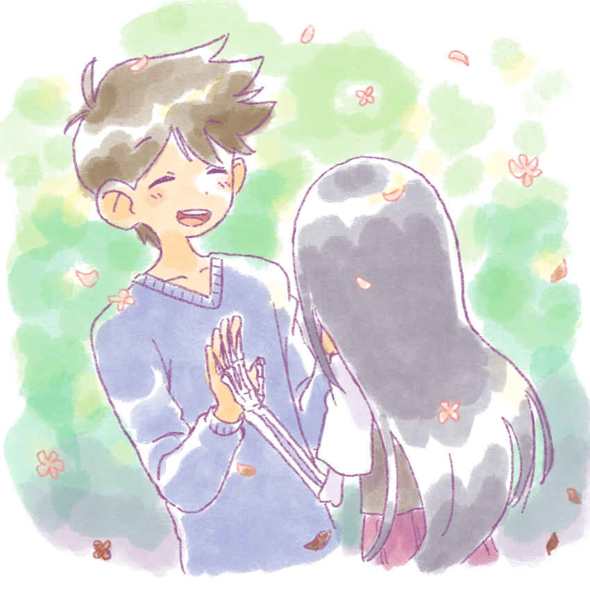 Safebooru - 1boy 1girl black hair blue sweater brown hair closed eyes collarbone hero (faraway ...