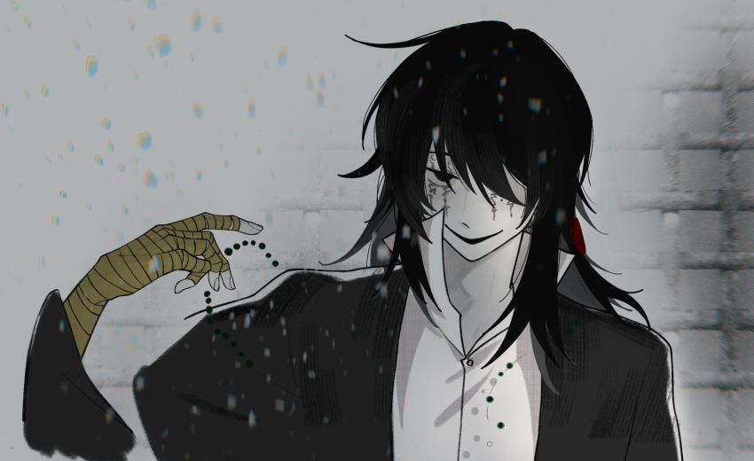 Safebooru - 1boy bandaged hand bandages black eyes black hair black jacket chinese commentary ...