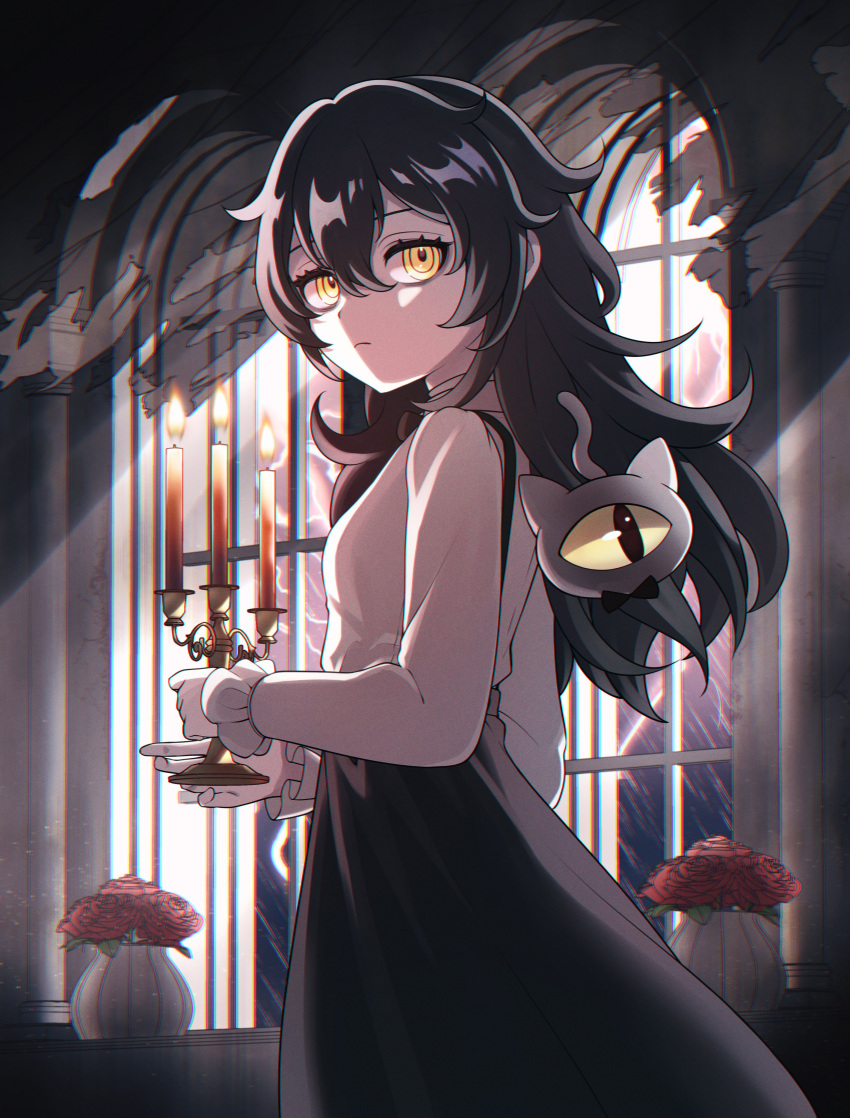Safebooru - 1girl absurdres arched window black hair black skirt closed ...