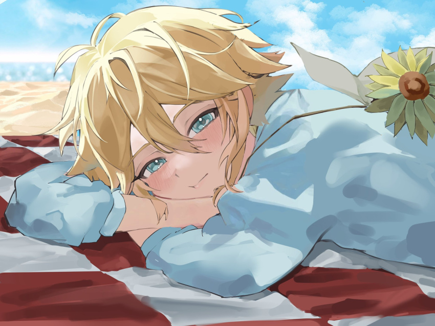 Safebooru - 1boy alternate costume basil (faraway) (omori) basil (omori) beach blonde hair blue ...