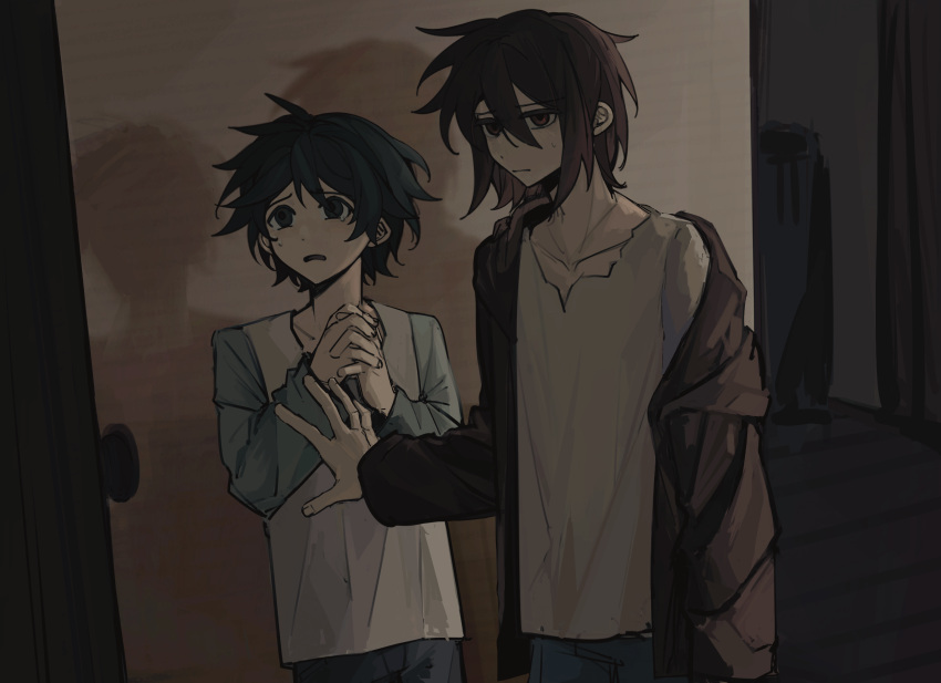 Safebooru - 2boys brown hair brown jacket closed mouth collarbone colored eyelashes frown green ...