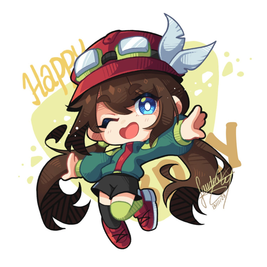 Safebooru - 1girl black shorts blue eyes brown hair chibi chibi only ...