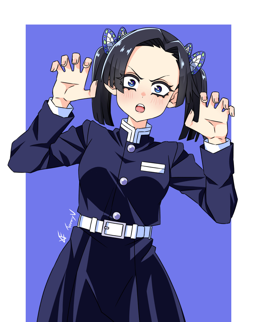 Safebooru - 1girl :o artist name belt blue background blue eyes blush breasts butterfly hair ...