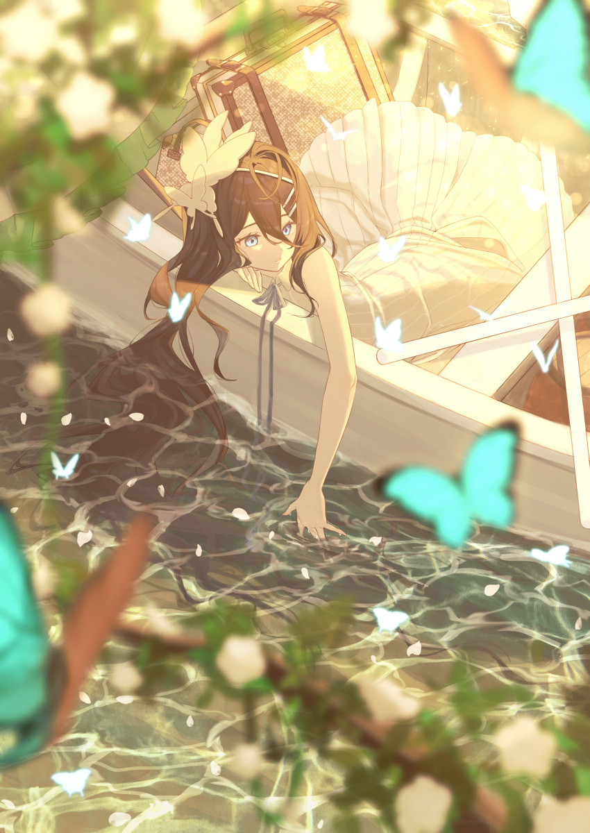 Safebooru - 1girl :o absurdres bag black hair blue butterfly blue eyes blue ribbon boat branch ...