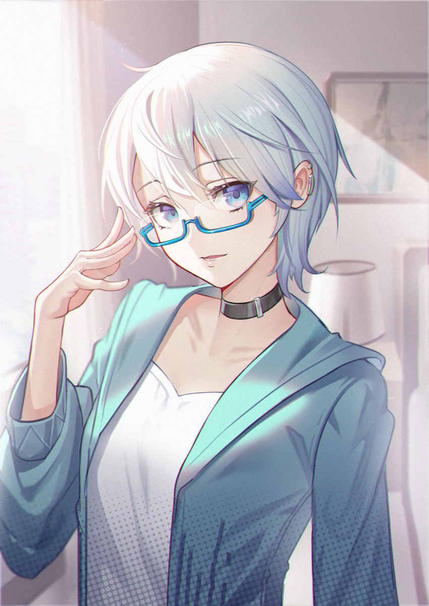 Safebooru - 1girl aqua jacket black choker blue-framed eyewear blue eyes blurry blurry ...