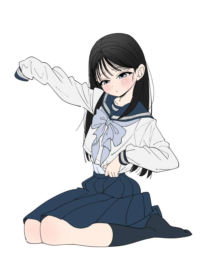 Safebooru - 1girl akebi-chan no serafuku akebi komichi arm up black hair blue bow blue eyes blue ...