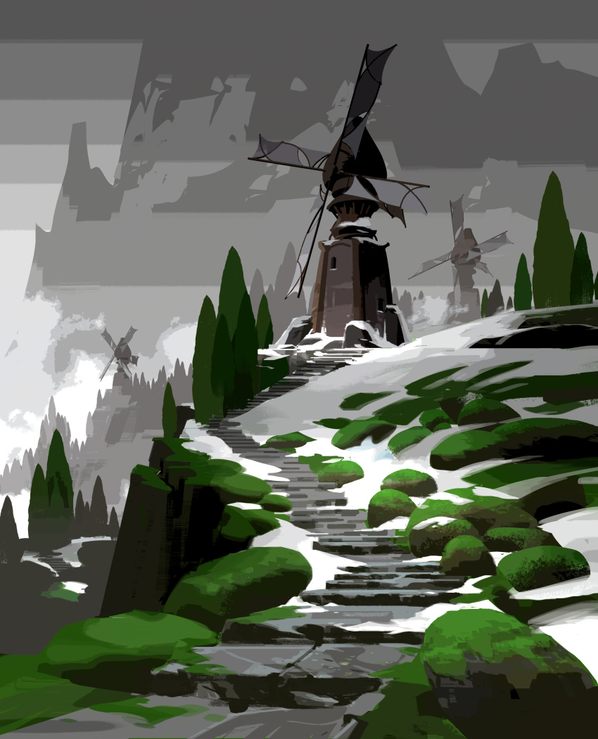 Safebooru - absurdres building day fantasy fog grey sky highres kevin gnutzmans moss mountain ...