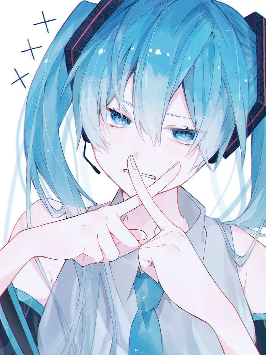 Safebooru - 1girl absurdres aqua eyes aqua hair aqua necktie bare shoulders black sleeves ...