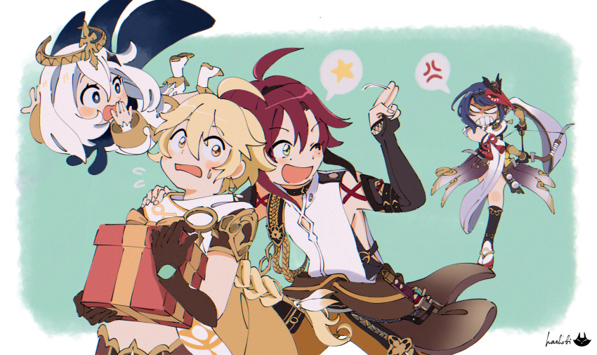 Safebooru - 2boys 2girls ;d absurdres aether (genshin impact) anger vein angry arrow (projectile ...