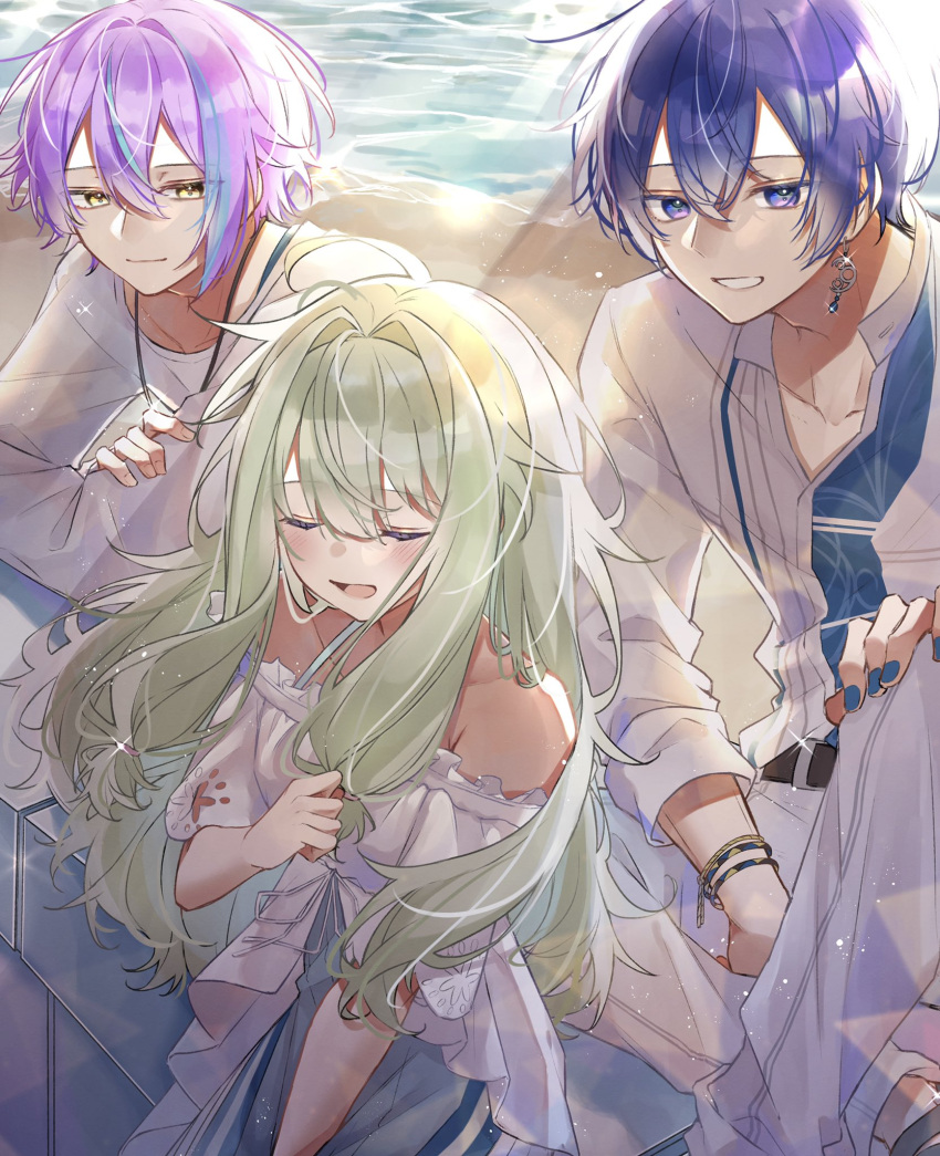 Safebooru - 1girl 2boys beach blue eyes blue hair blush closed eyes ...