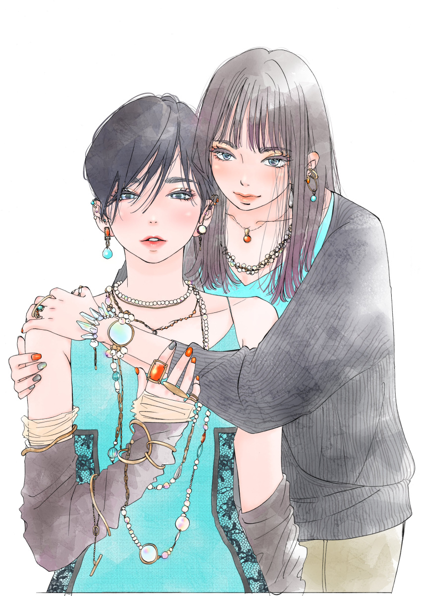 Safebooru - 2girls absurdres highres hug hug from behind jewelry long ...