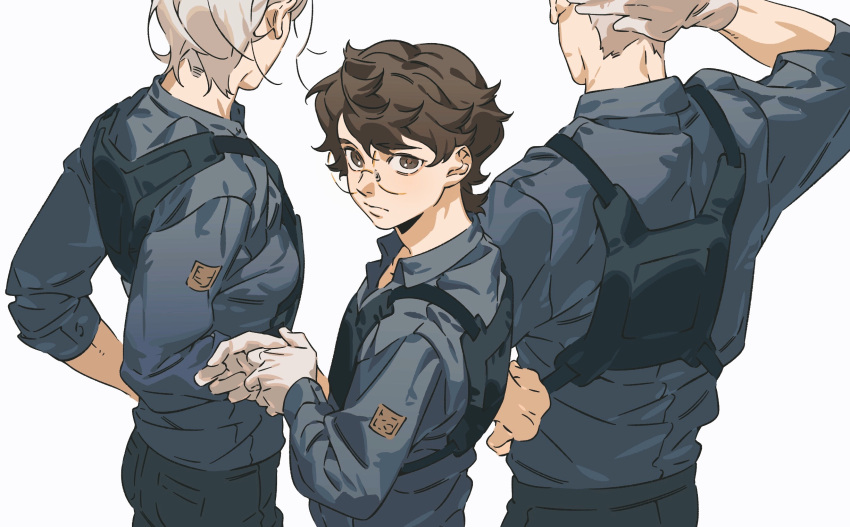 Safebooru - 1girl 2boys black pants brown eyes brown hair closed mouth glasses gloves grey ...