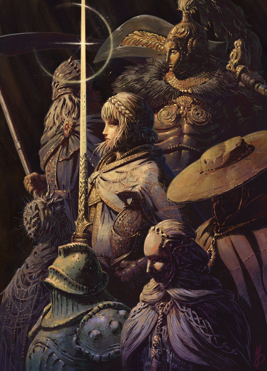 Safebooru - 2girls 5boys armor armor under clothes black capelet black ...