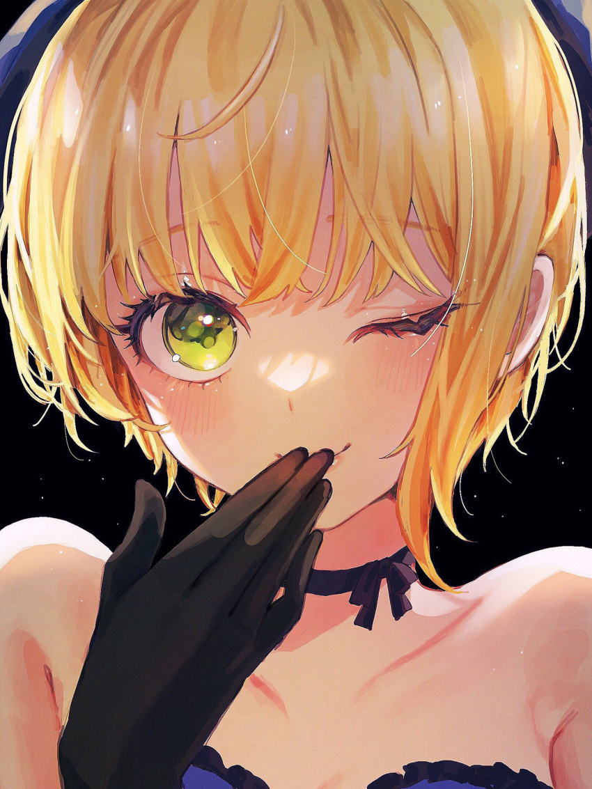Safebooru - 1girl black background black choker black gloves blonde hair blue hat blush choker ...