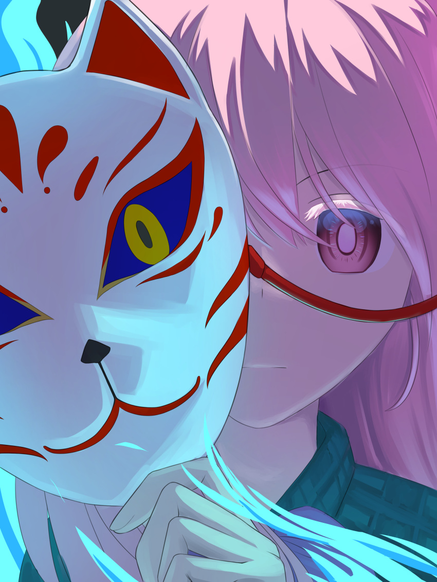 Safebooru - 1girl absurdres aura blue shirt close-up collared shirt commentary request ...