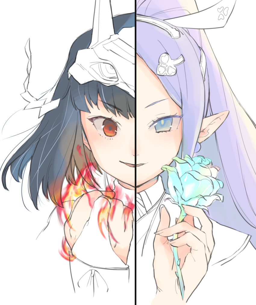 Safebooru - 2girls absurdres black hair blue eyes blue hair bridal gauntlets commentary crystal ...