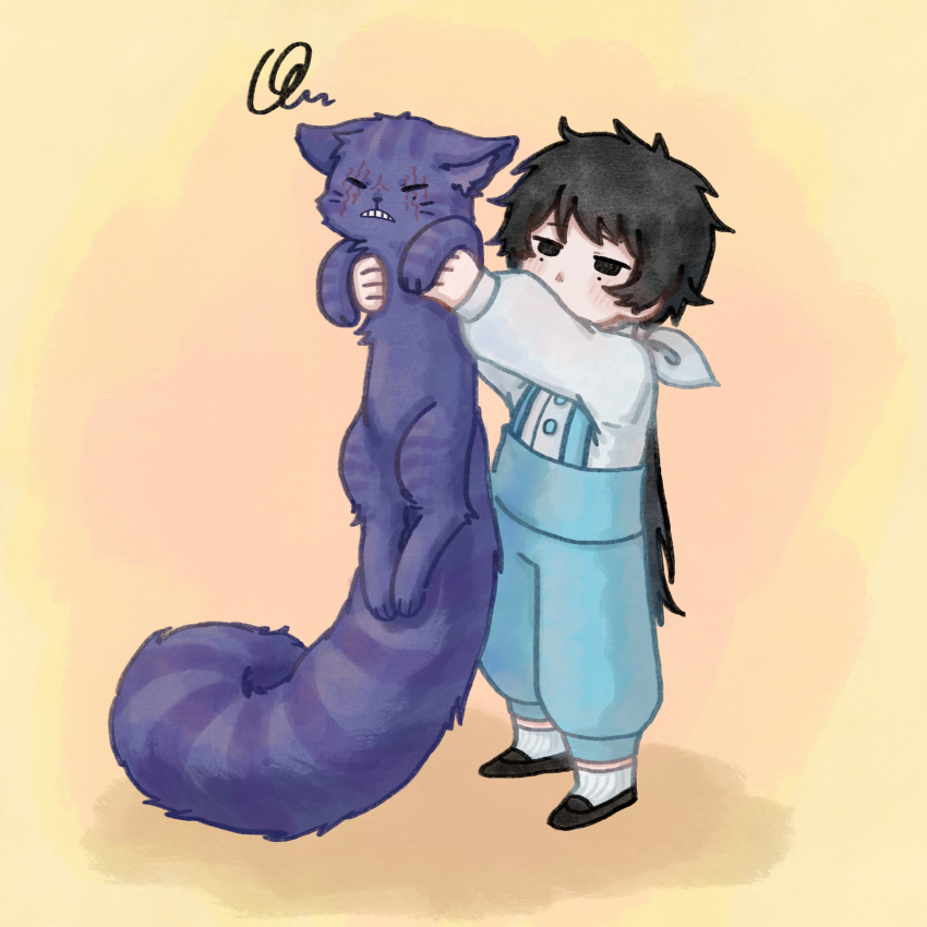 Safebooru - 1boy animal animalization black footwear black hair blue pants bow cat chinese ...