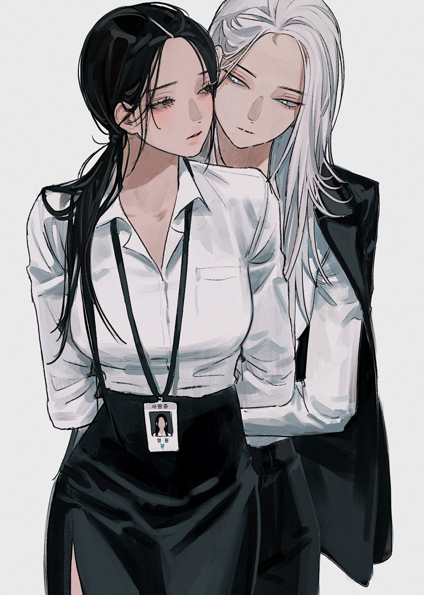 Safebooru - 2girls arms behind back black eyes black hair black jacket black skirt cowboy shot ...