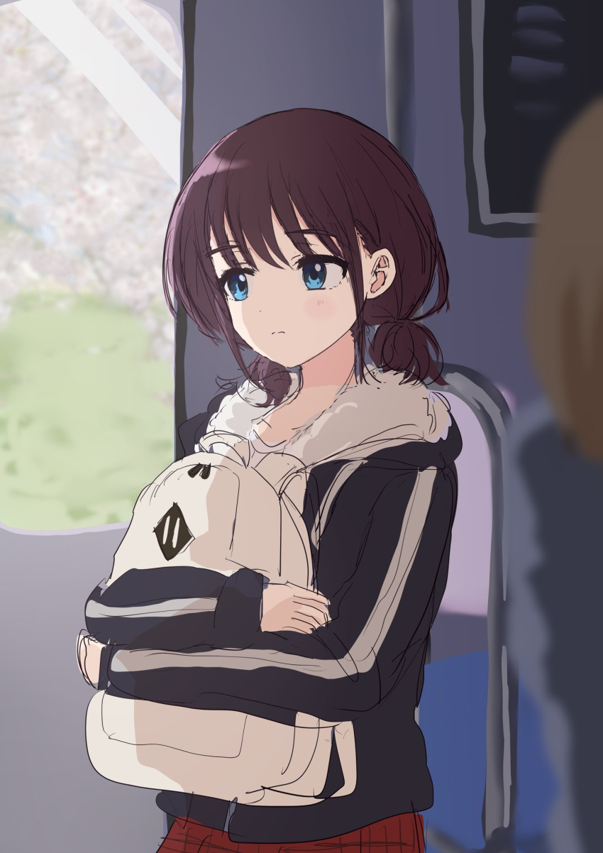 Safebooru - 1girl backpack bag black jacket blue eyes blurry blurry foreground blush cherry ...