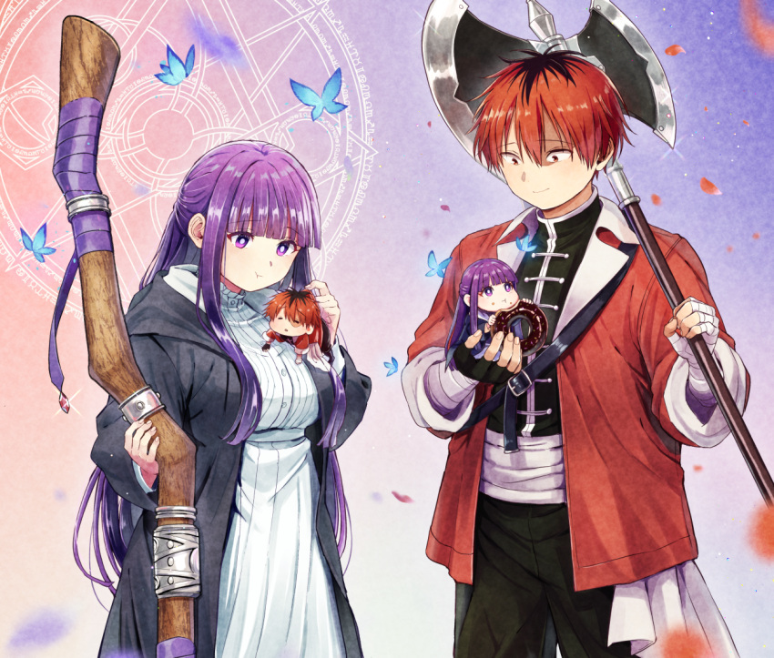 Safebooru - 1boy 1girl :t axe battle axe black hair black jacket black pants black shirt breasts ...