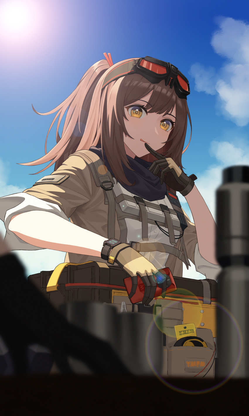 Safebooru - 1girl absurdres black gloves blue sky brown gloves brown ...