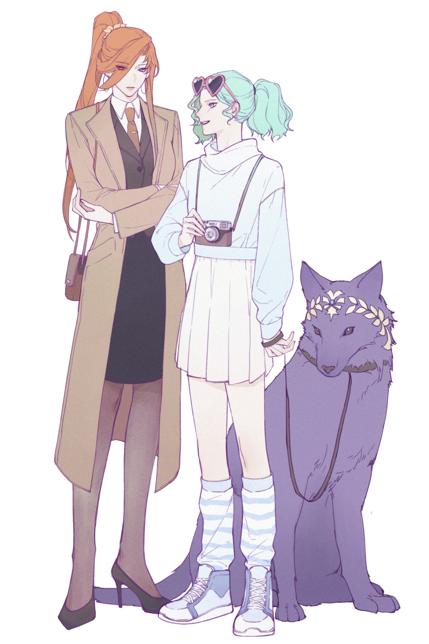 Safebooru - 2girls absurdres alternate costume aqua hair arm at side azeyma bag black footwear ...