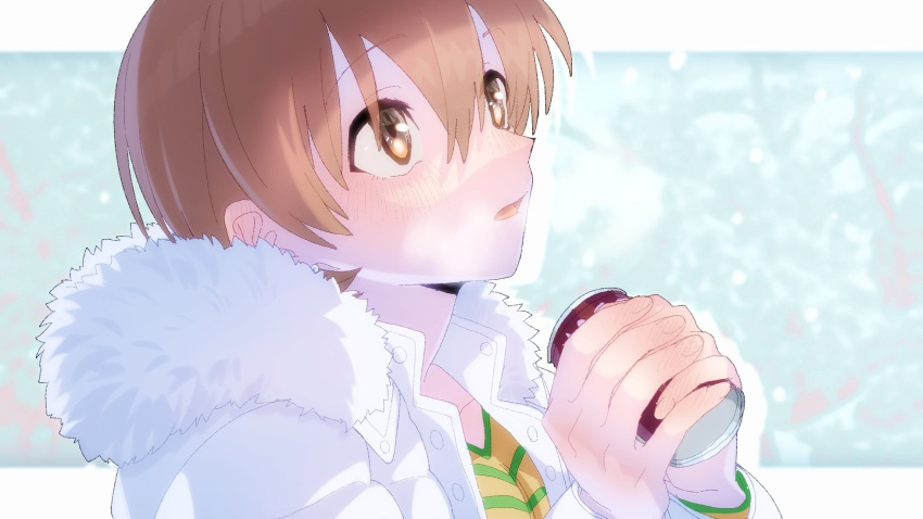 Safebooru 1girl Amemasu79 Blush Breath Brown Eyes Brown Hair Can Coat 4588