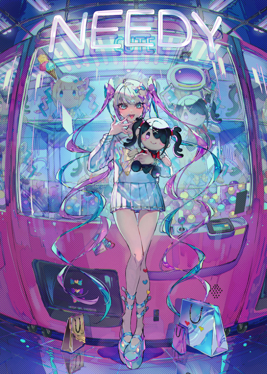 Safebooru - 1girl :d absurdres ame-chan (needy girl overdose) arcade blonde hair blue bow blue ...