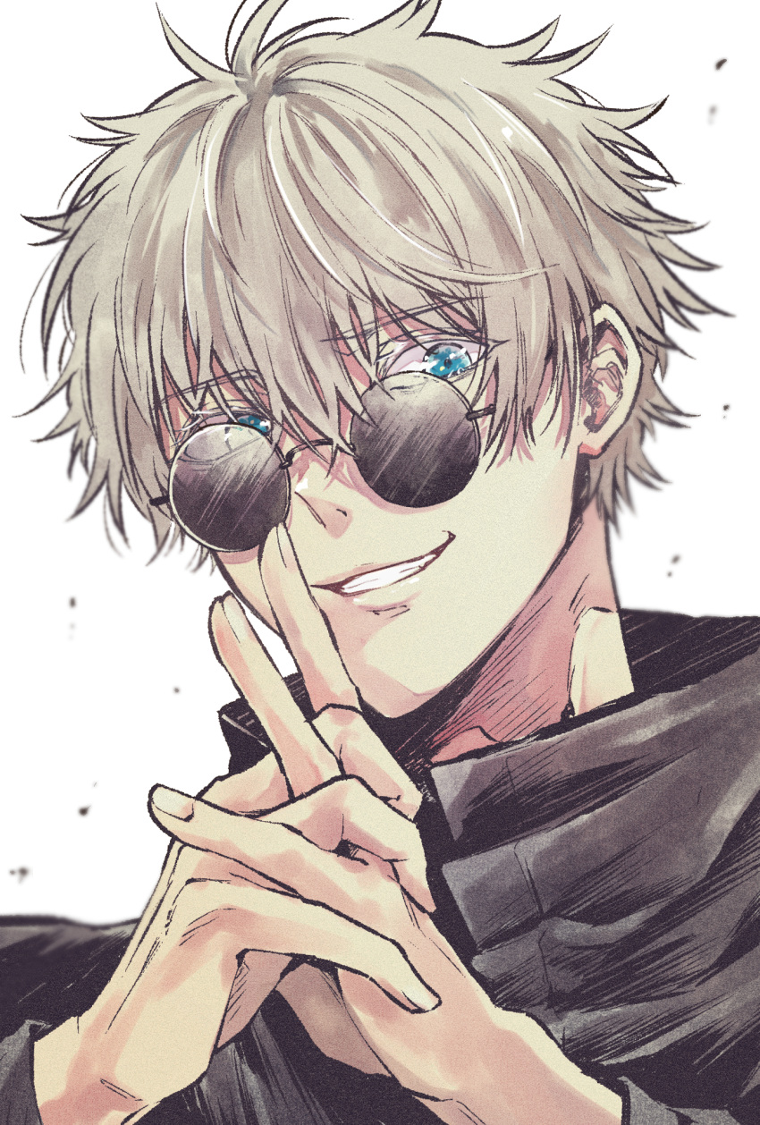 Safebooru - 1boy black coat blue eyes coat commentary request gojou satoru grey hair grin high ...
