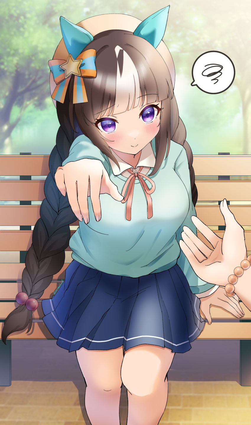 Safebooru - 1girl absurdres bench beret blurry blurry background braid breasts casual closed ...