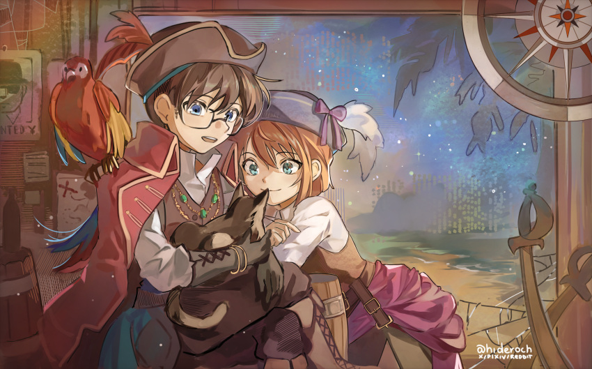 Safebooru - 1boy 1girl absurdres animal animal on shoulder artist name barrel belt bird black ...